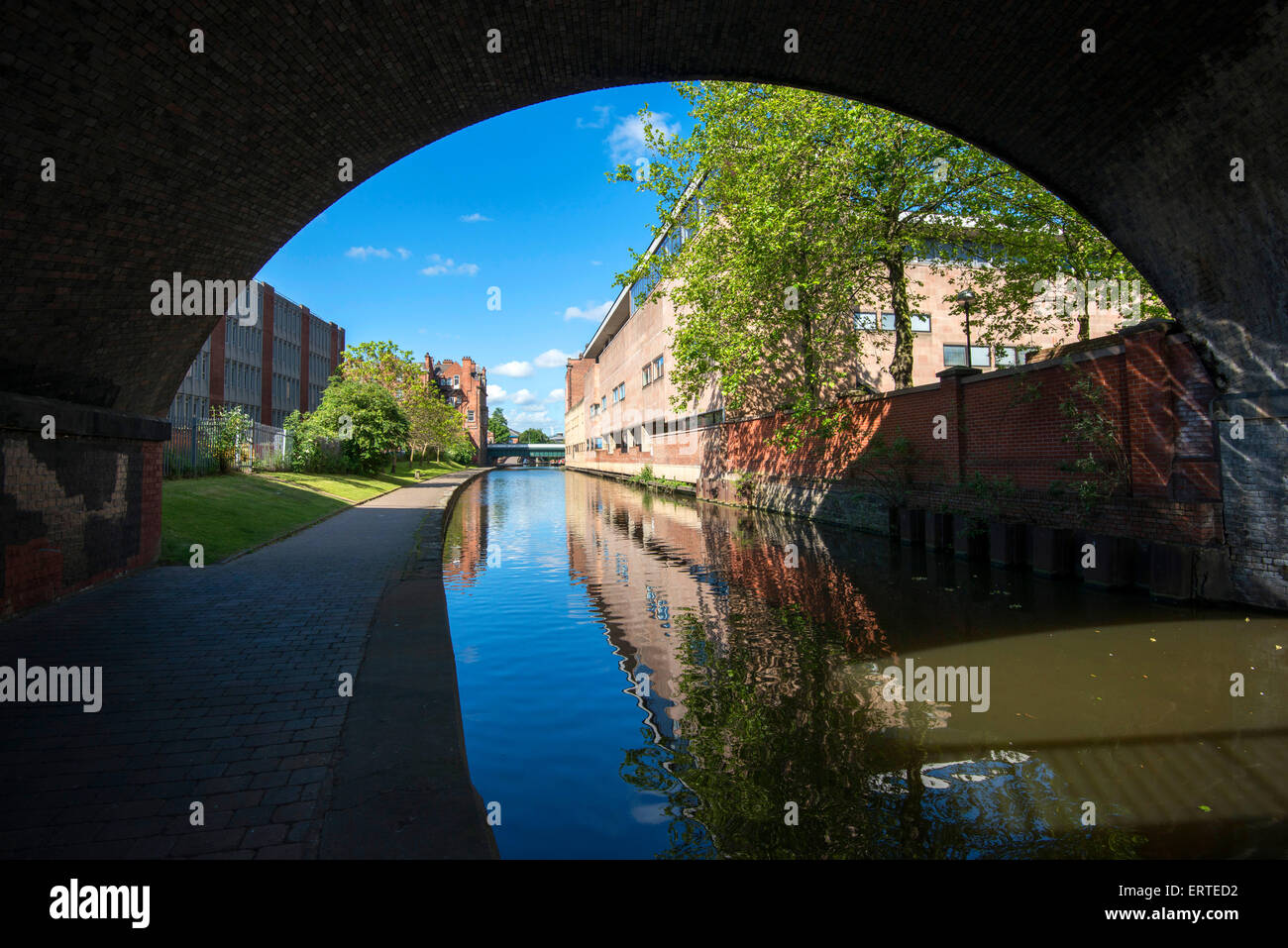 Reflections in the canal at Nottingham City, Nottinghamshire England UK ...