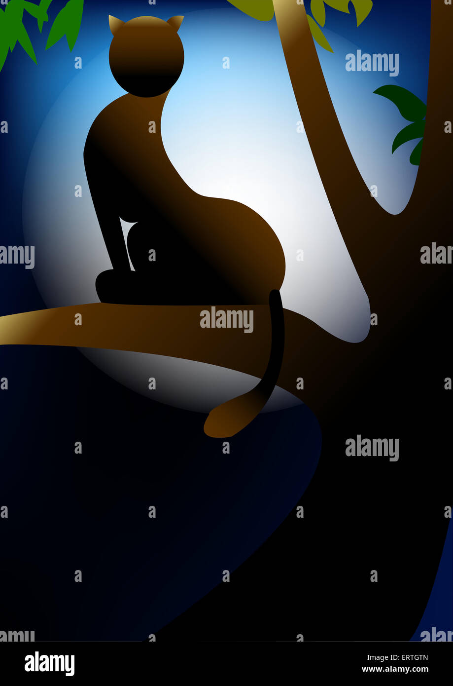 A cat sits on a tree and looking at the moon in a fog Stock Photo - Alamy