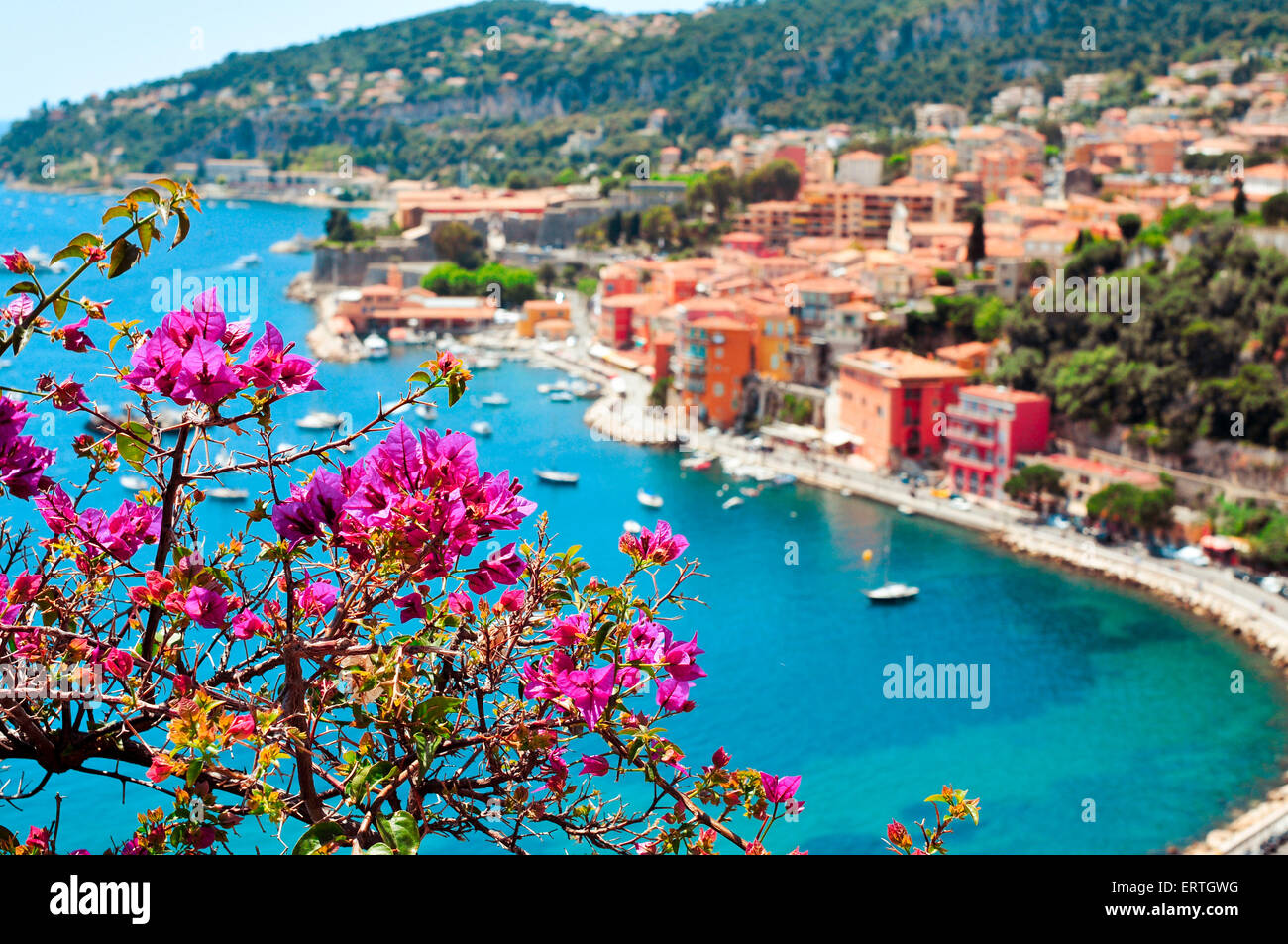 aerial view of Villefranche-sur-Mer in the French Riviera, France, and ...