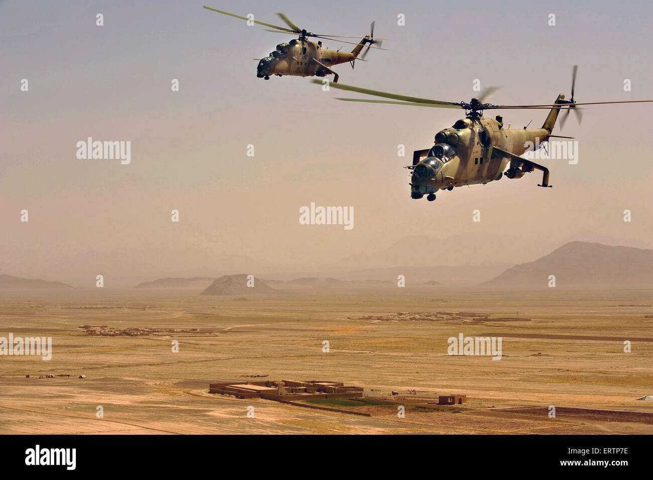 Afghan air force Mi-35 helicopter gunship fly during a training sortie ...