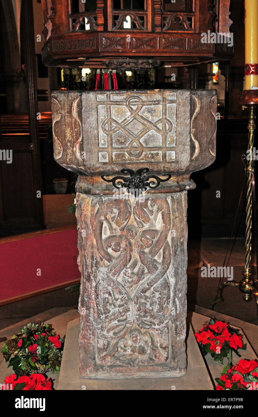 The Ancient Font in All Saints Church, Rothbury, Northumberland. Bowl ...