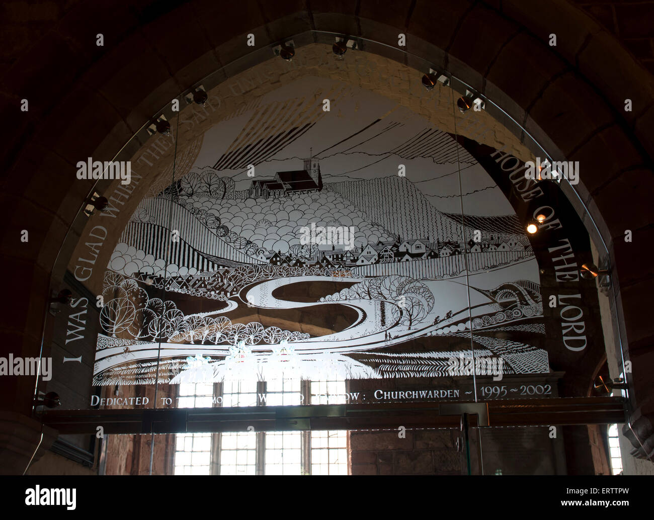 An etched glass memorial screen, St. Peter`s Church, Kinver ...