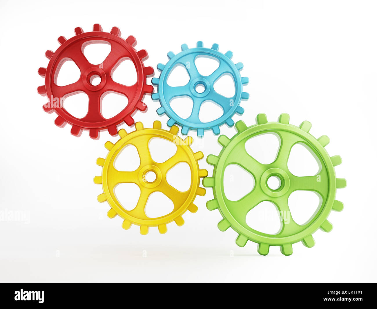 Multi-colored attached gears or cogwheels isolated on white background ...