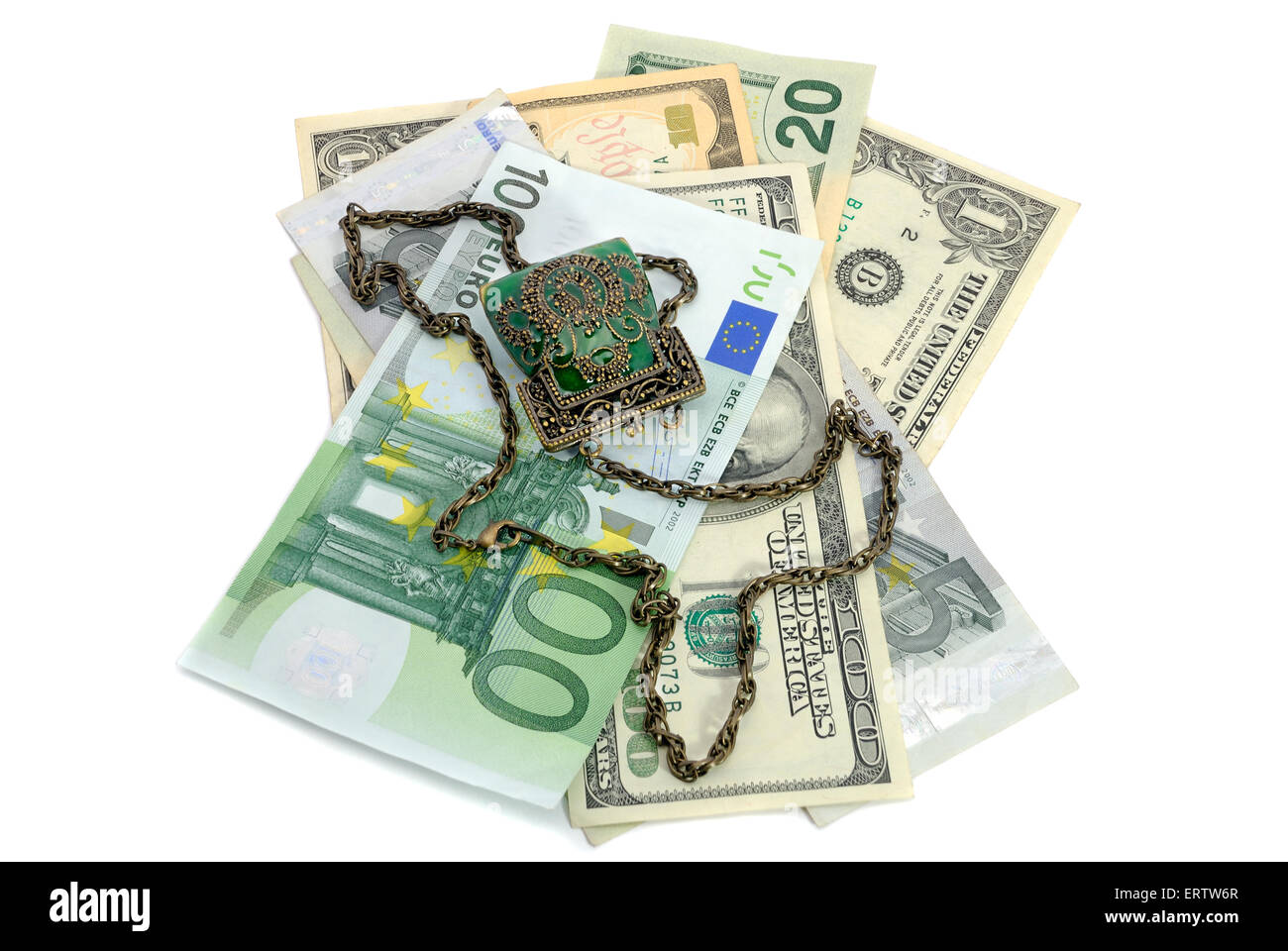 Various money and decorative purse with a chain Stock Photo - Alamy