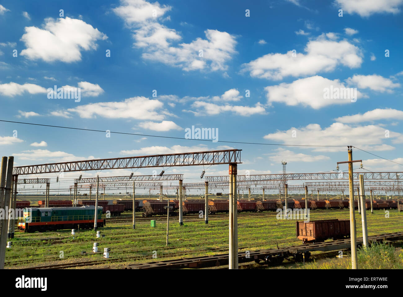 View on railway cargo station with cars Stock Photo - Alamy