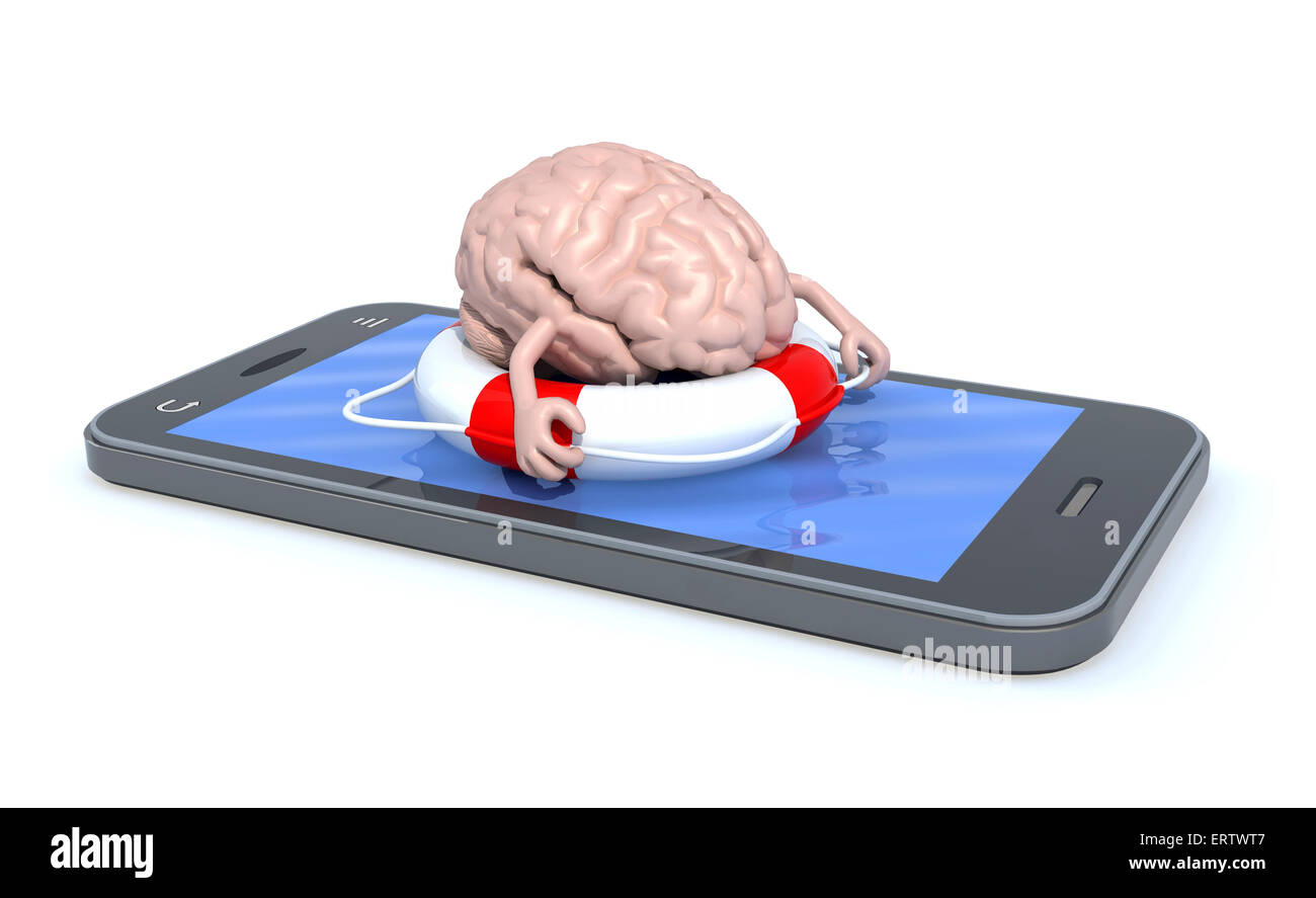 human brain that swim into smartphone screen, isolated 3d illustration ...