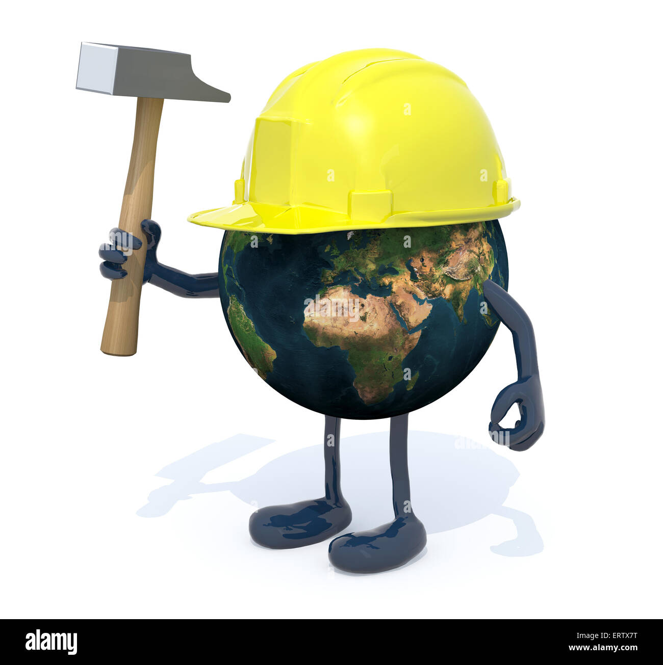 planet earth with arms, legs, work helmet and hammer on hand, 3d ...