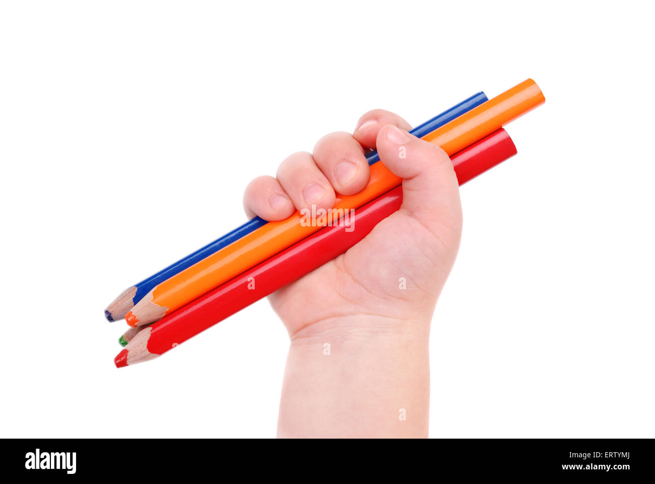 The children's hand holds colour pencils, isolated Stock Photo - Alamy