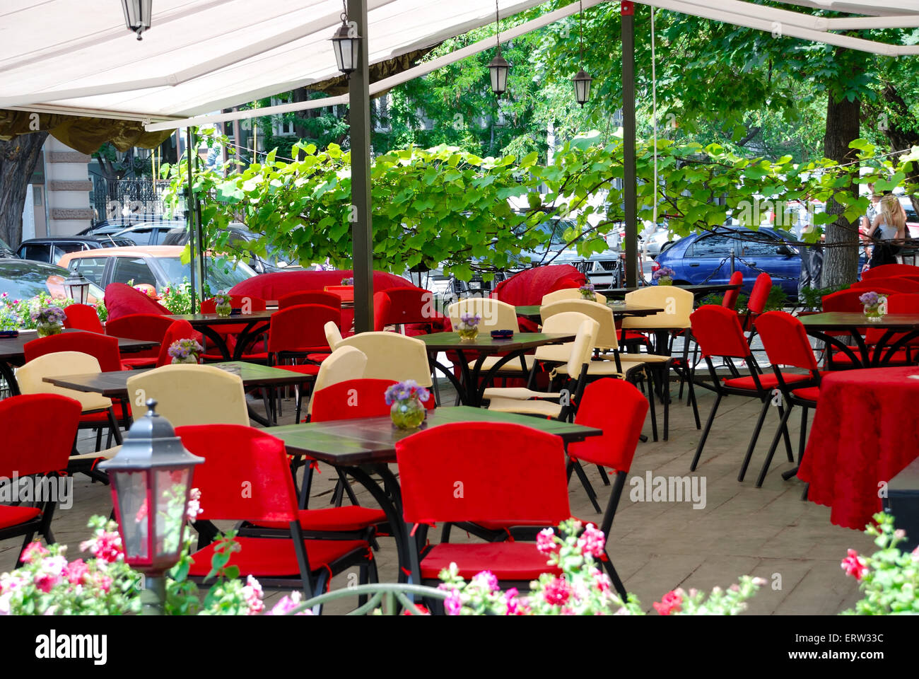 Interior of a summer open-air cafe Stock Photo - Alamy