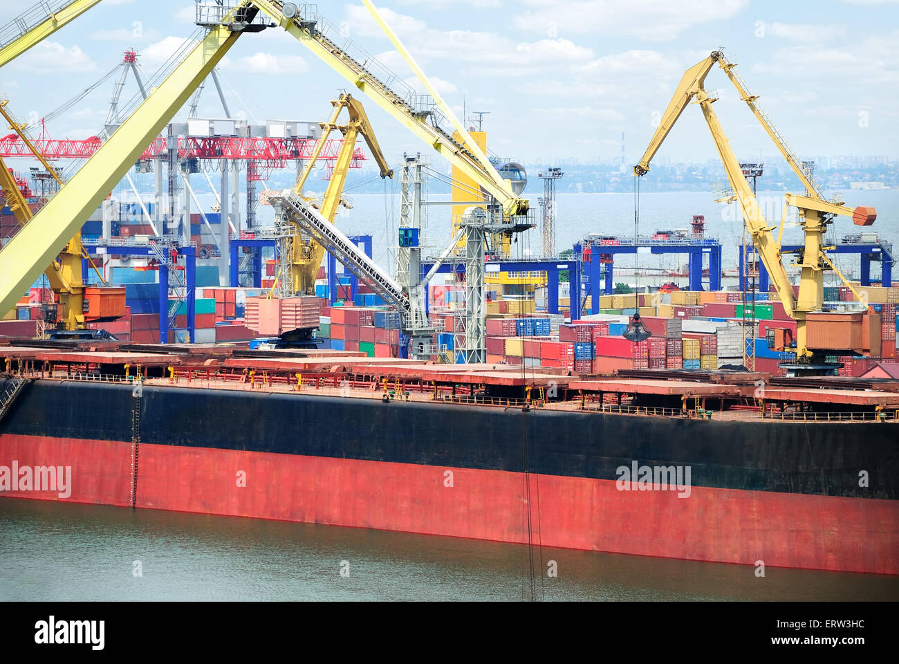 View on trading seaport with cranes, cargoes and the ship Stock Photo ...