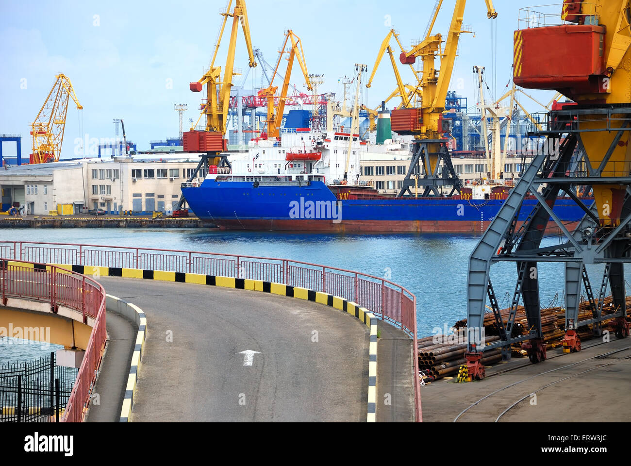 View on trading seaport with cranes, cargoes and the ship Stock Photo ...
