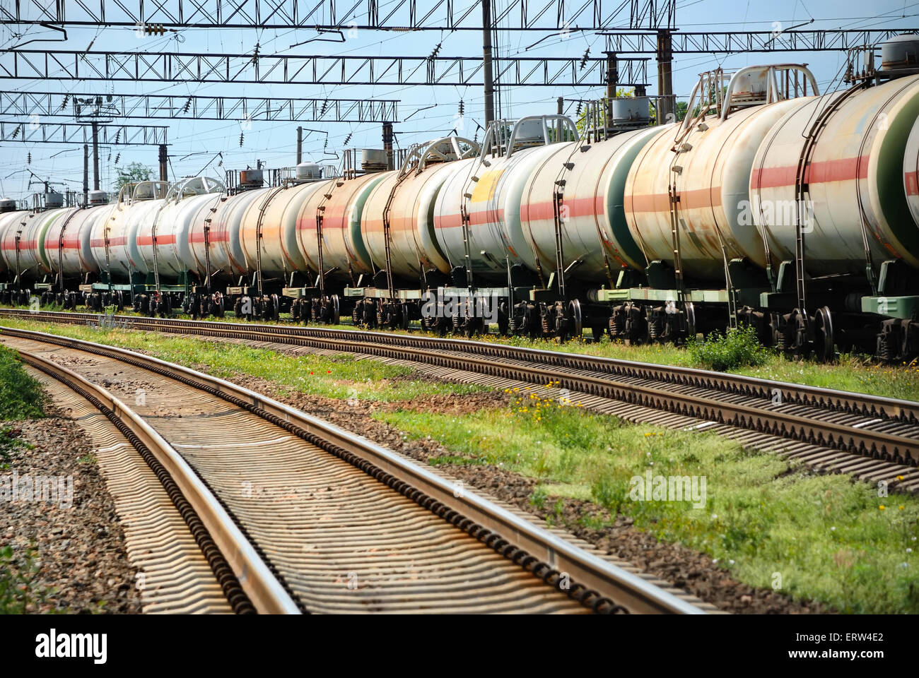 Set of tanks with oil and fuel transport by rail Stock Photo - Alamy