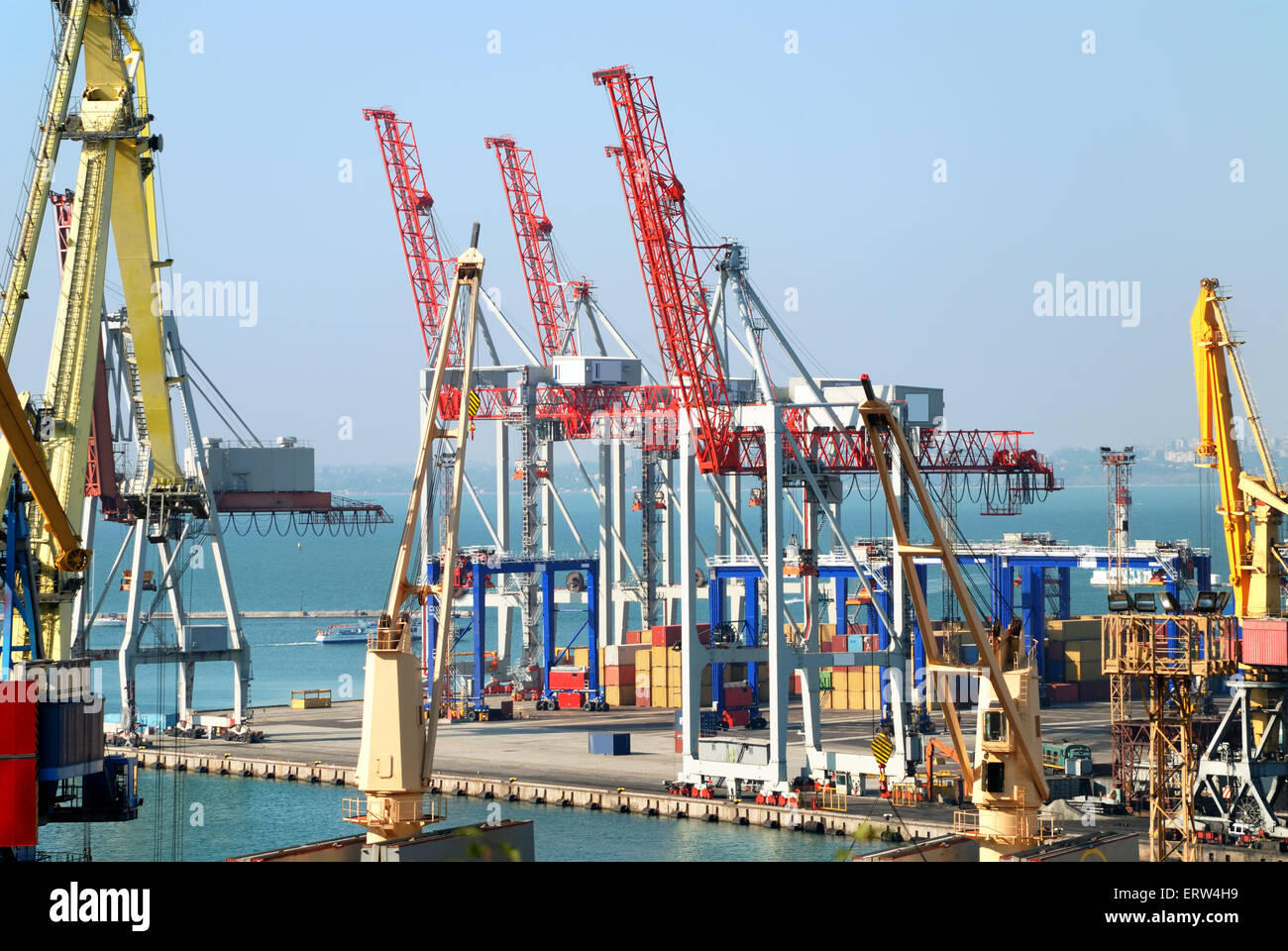 View on trading seaport with cranes, cargoes and the ship Stock Photo ...