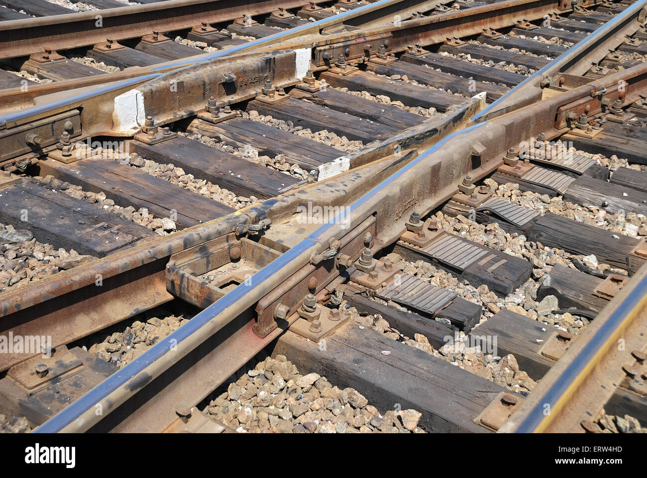 Close up of connection a rail and railway cross ties Stock Photo - Alamy