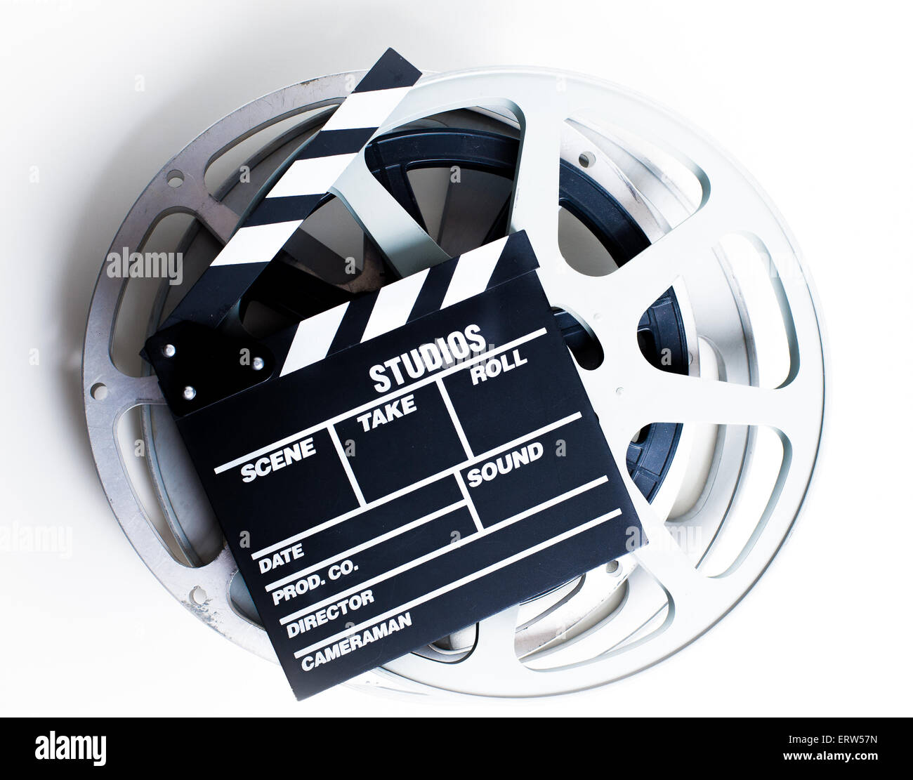 Movie clapper with vintage empty film reels on white background Stock ...
