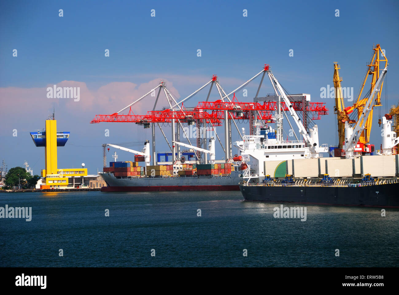 View on trading seaport with cranes, cargoes and the ship Stock Photo ...