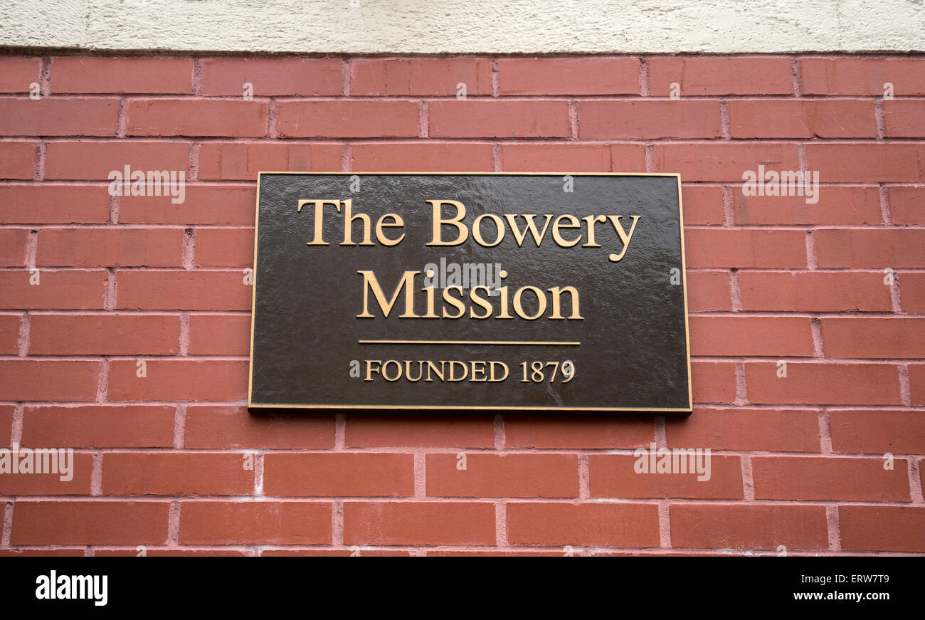 Plaque outside the Bowery Mission in the Lower East Side in New York ...
