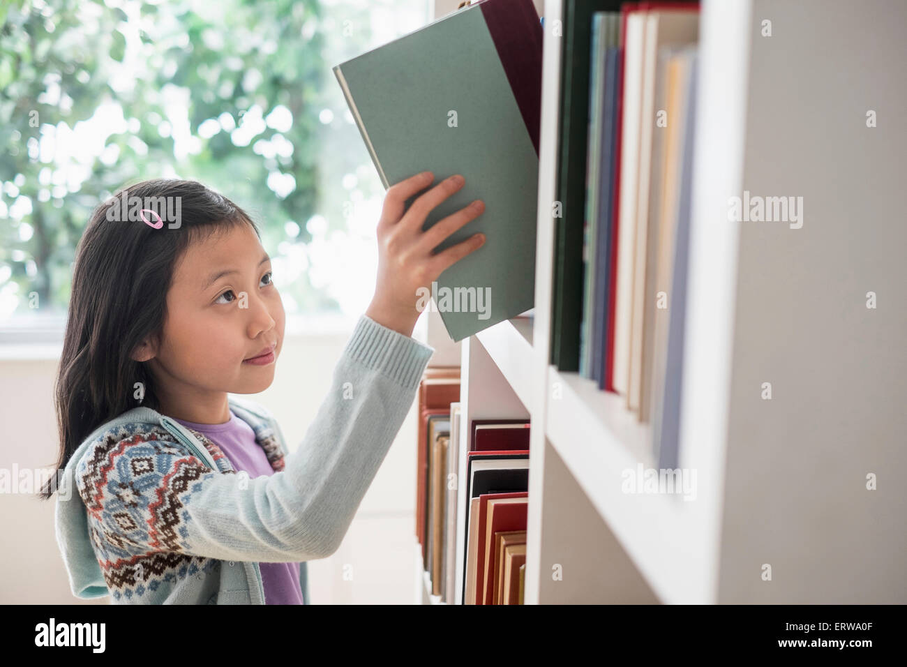 Chinese student selecting book from library bookcase Stock Photo - Alamy