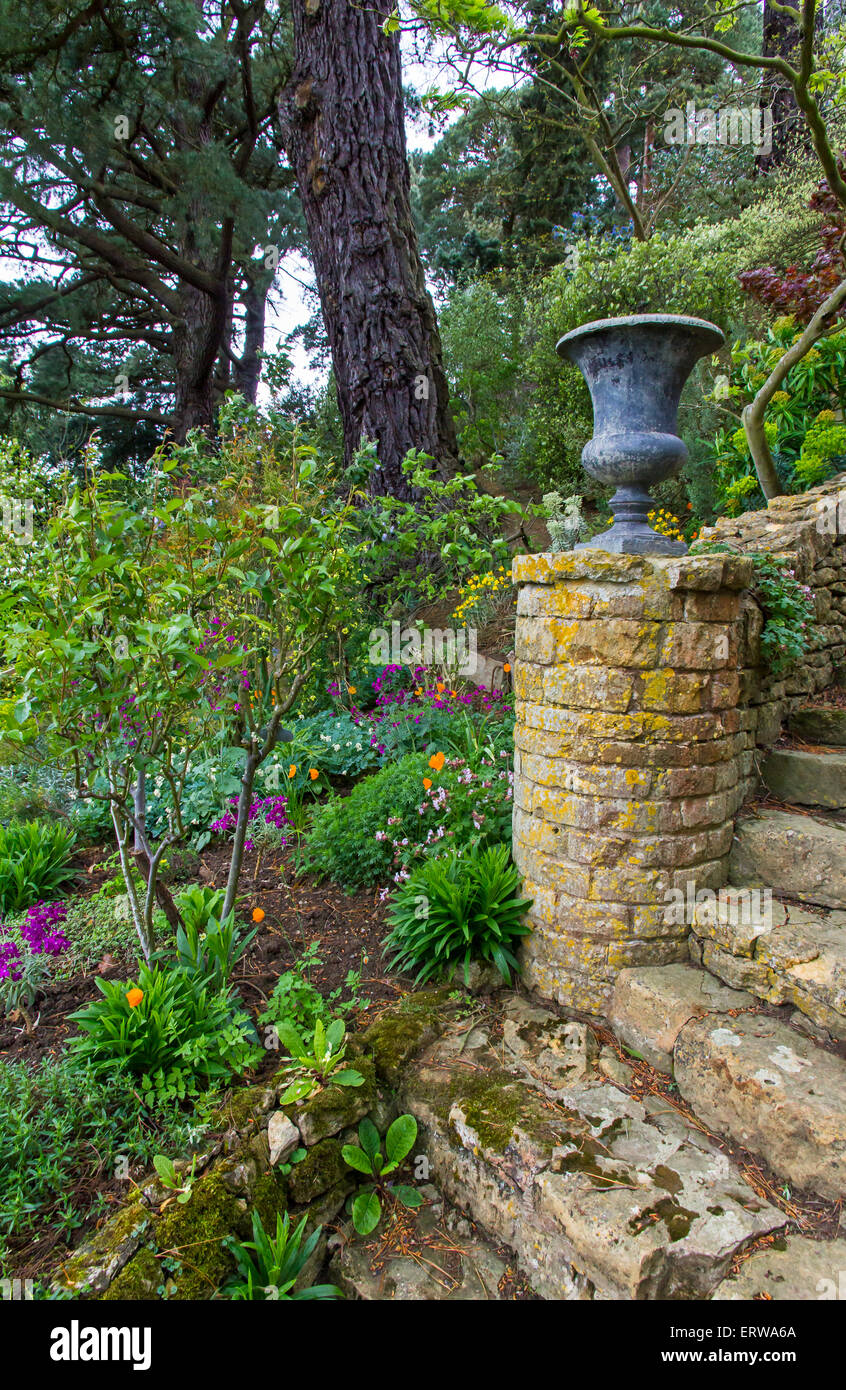 English spring garden in bloom next to old stone stairs and iron vase ...