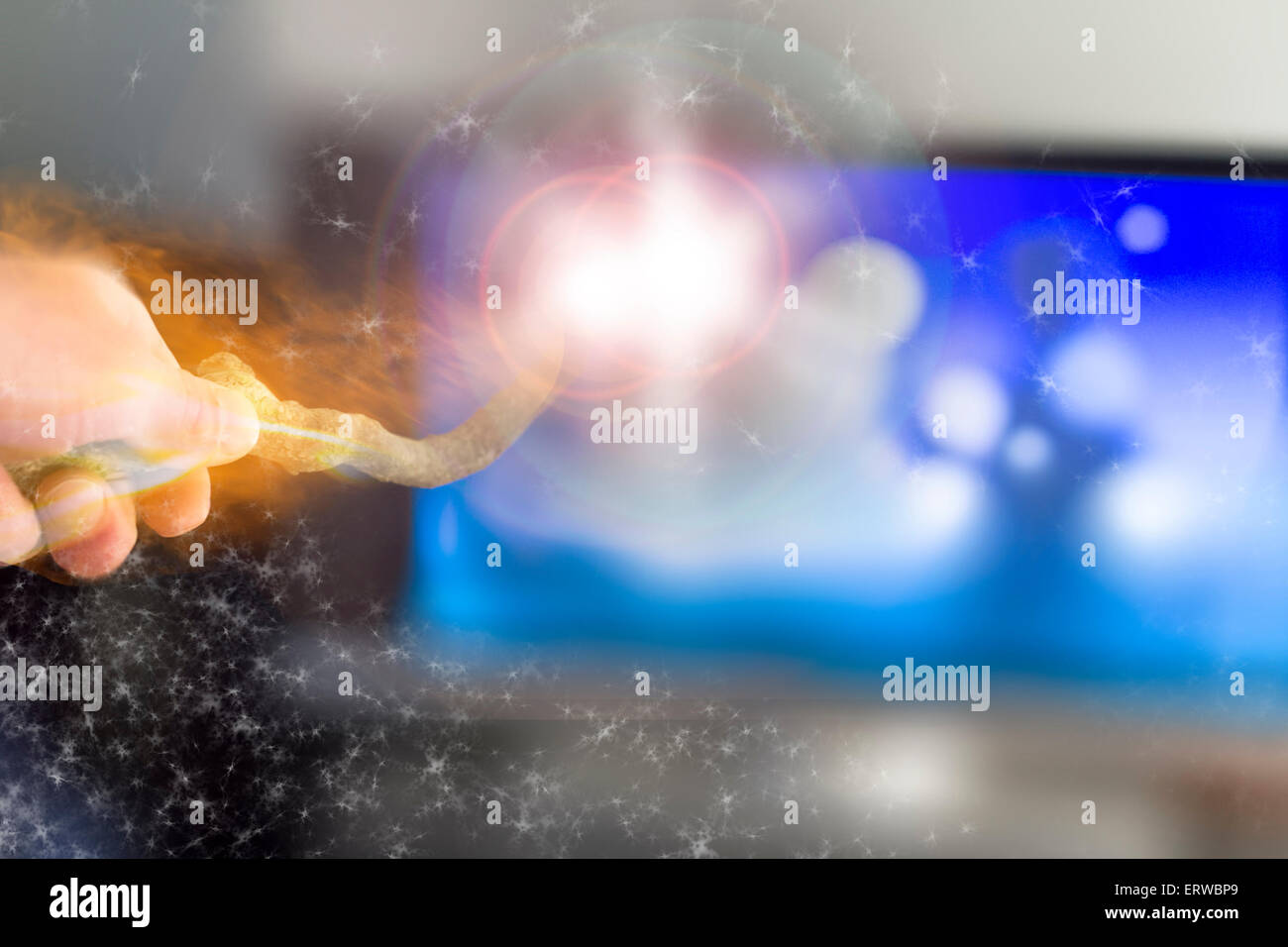 Changing the television with magic wand for fantasy shot with selective ...