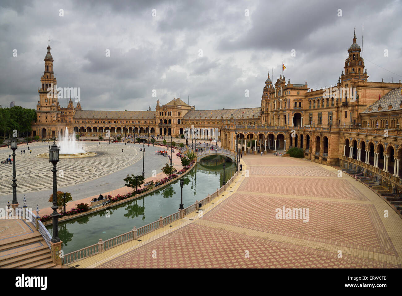 North tower and Main building with canal and bridges at Plaza de Espana ...
