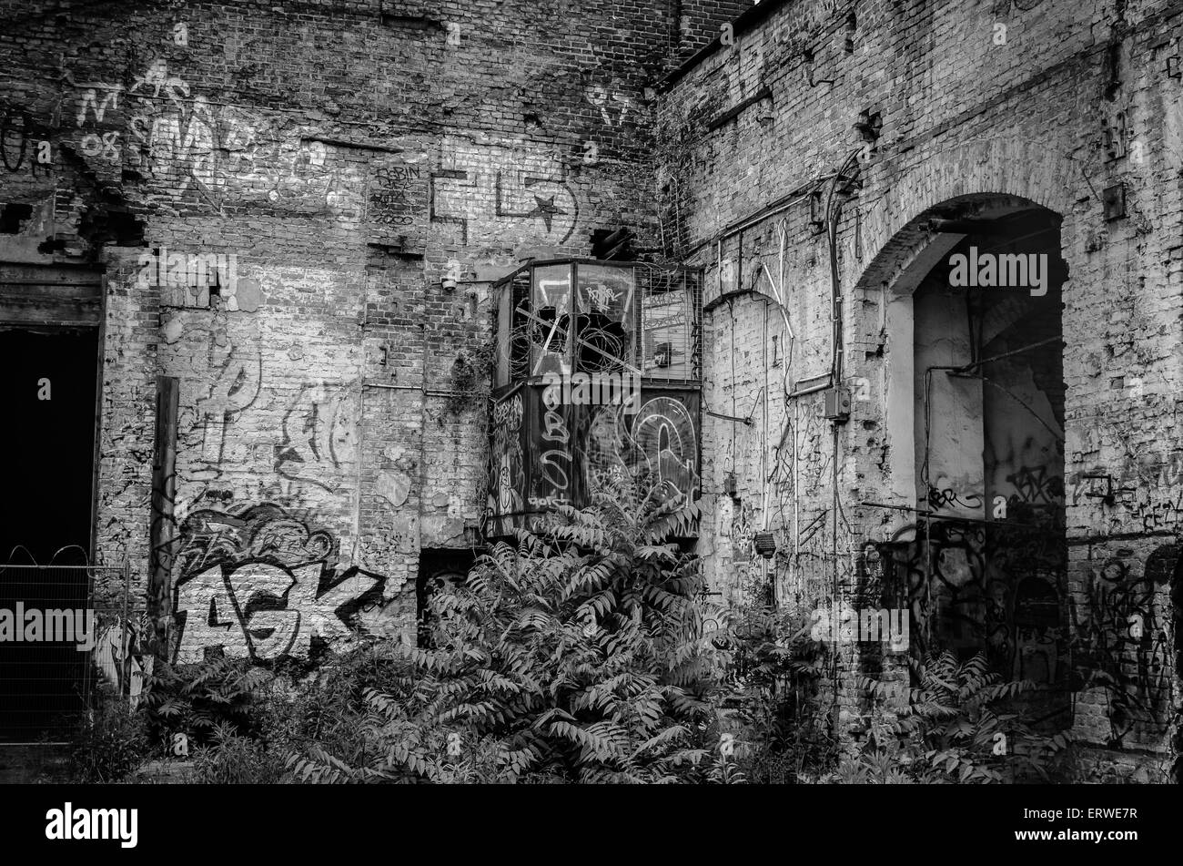 Graffiti clad walls of a disused building in the RAW Complex in Berlin ...