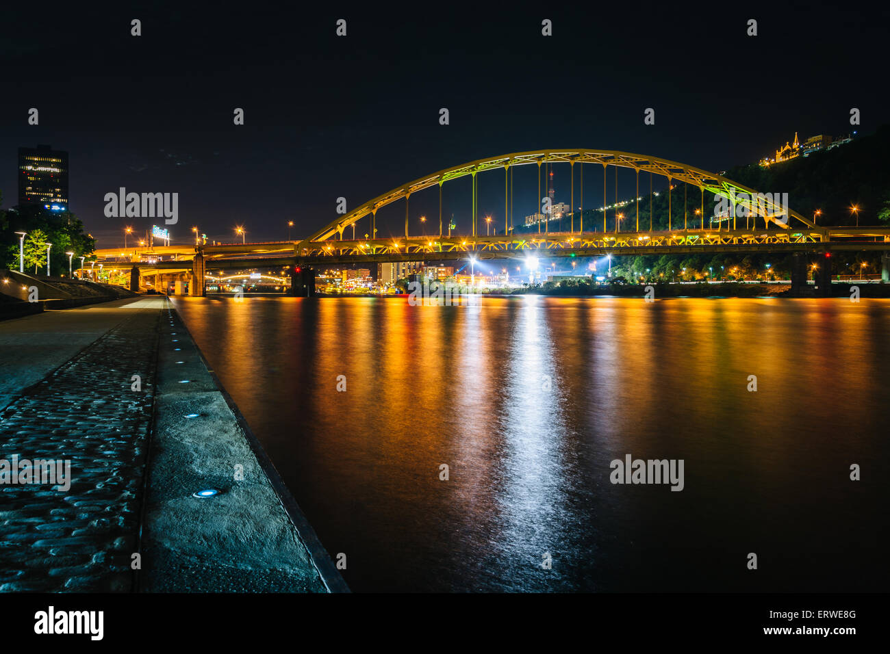 Fort Pitt Bridge at night, seen from Point State Park, in Pittsburgh ...