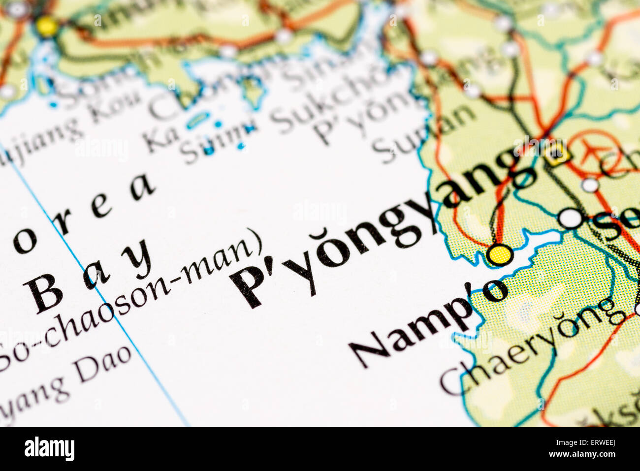 Close up of atlas map of Pyongyang, capital city of North Korea Stock ...