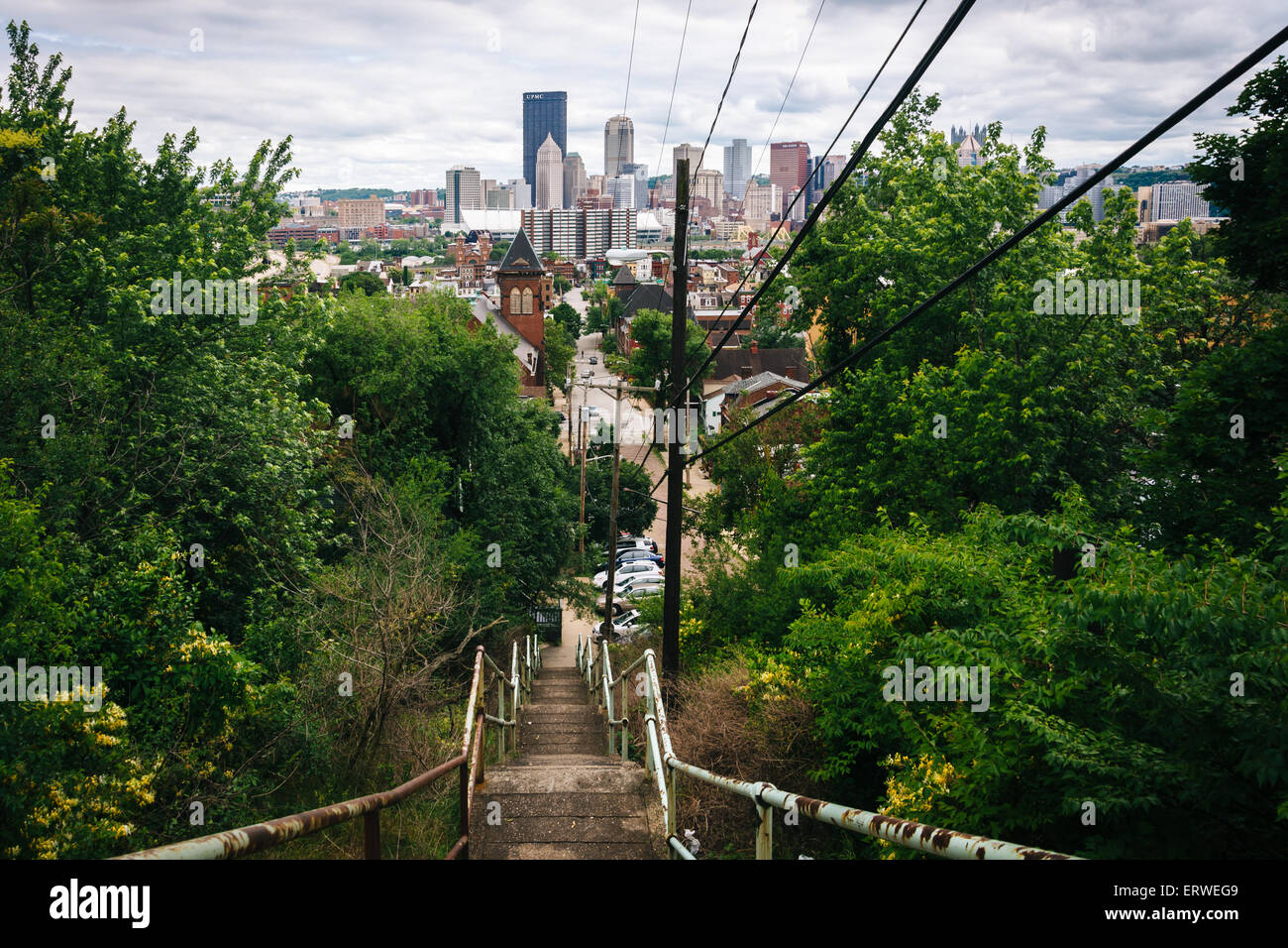 Staircase and view of the skyline in Pittsburgh, Pennsylvania Stock ...