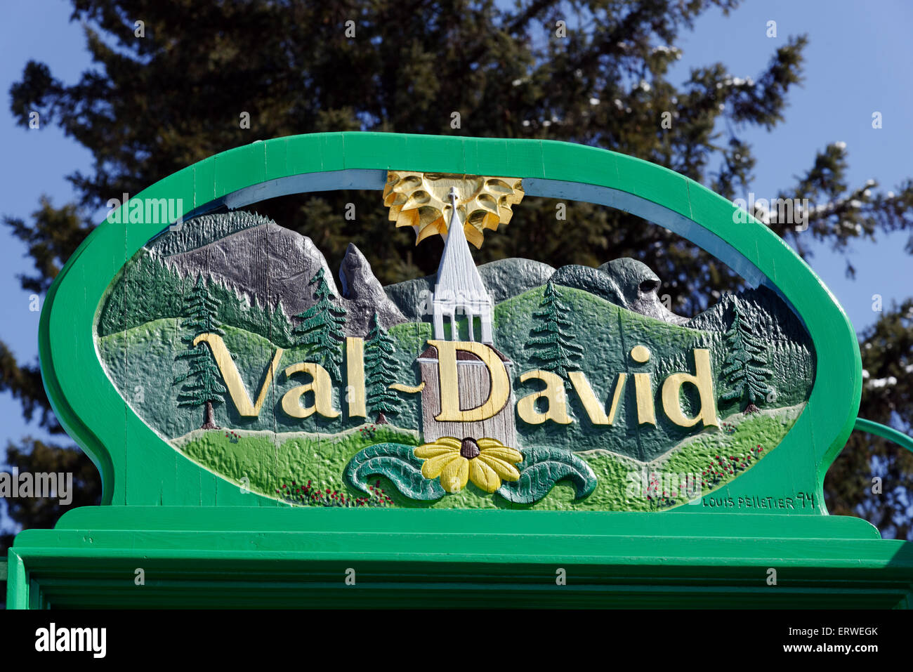 Wooden sign in Val David in the Laurentides region of Quebec Stock ...