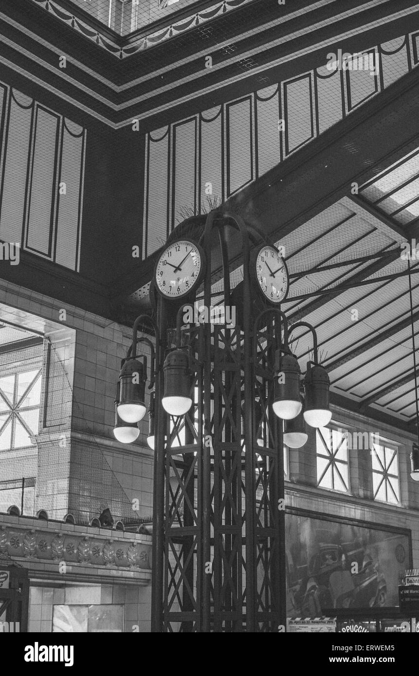 Detail of the lights and clocks inside the U-Bahn station at ...