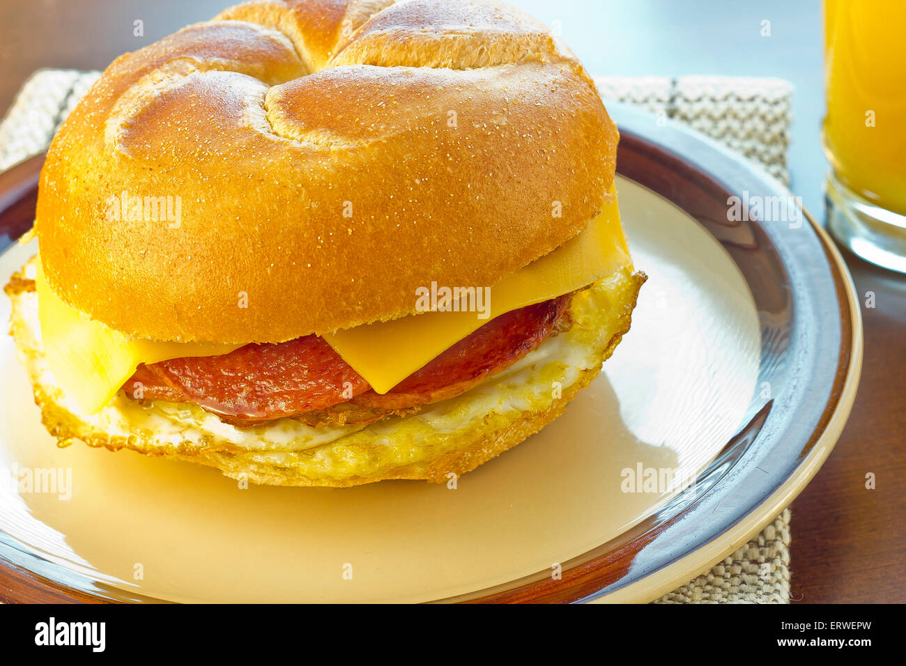 Taylor ham, pork roll, egg and cheese breakfast sandwich on a kaiser ...