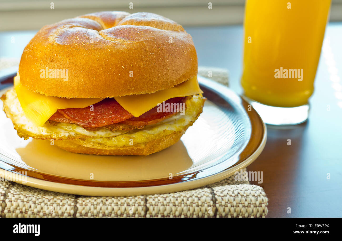 Taylor ham, pork roll, egg and cheese breakfast sandwich on a kaiser ...