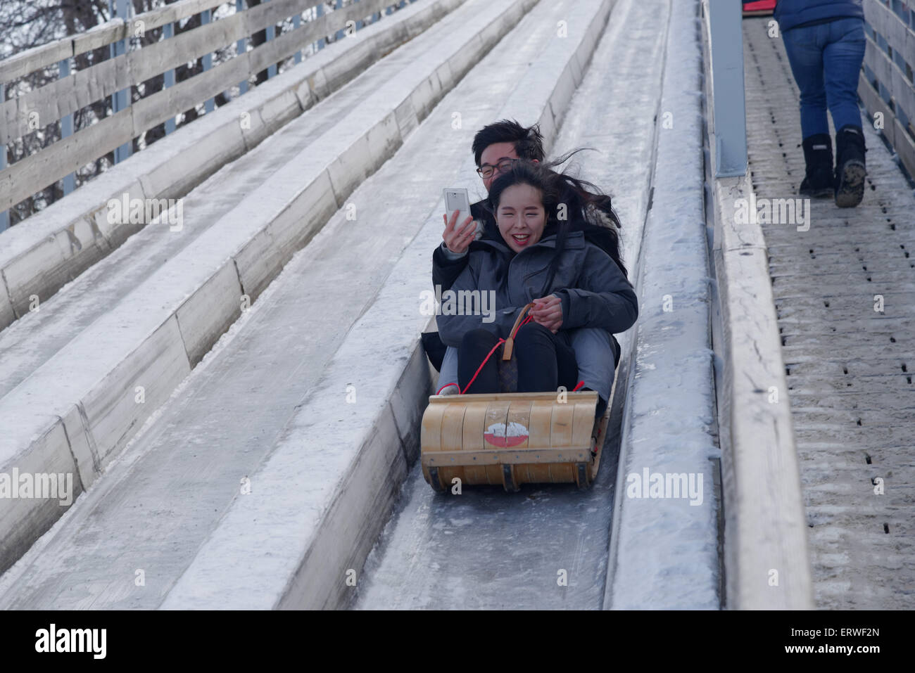 A young couple sledging on the 1884 sledge run on Terrasse Dufferin ...