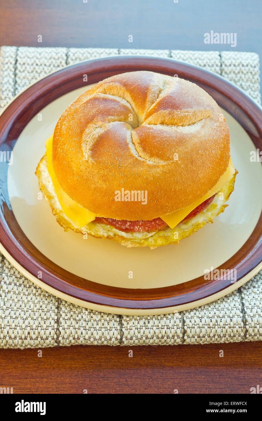 Taylor ham, pork roll, egg and cheese breakfast sandwich on a kaiser ...