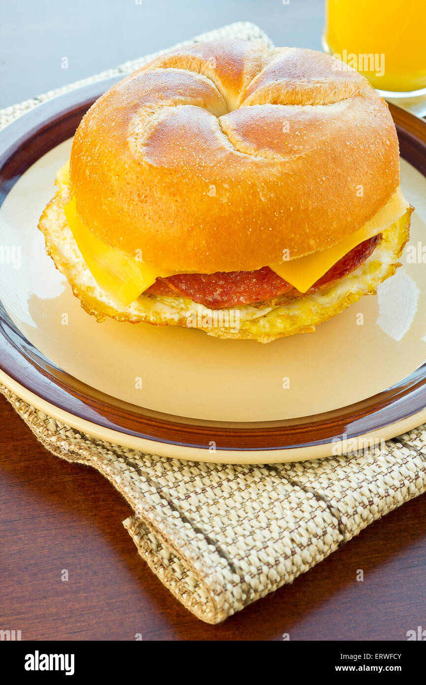 Taylor ham, pork roll, egg and cheese breakfast sandwich on a kaiser ...