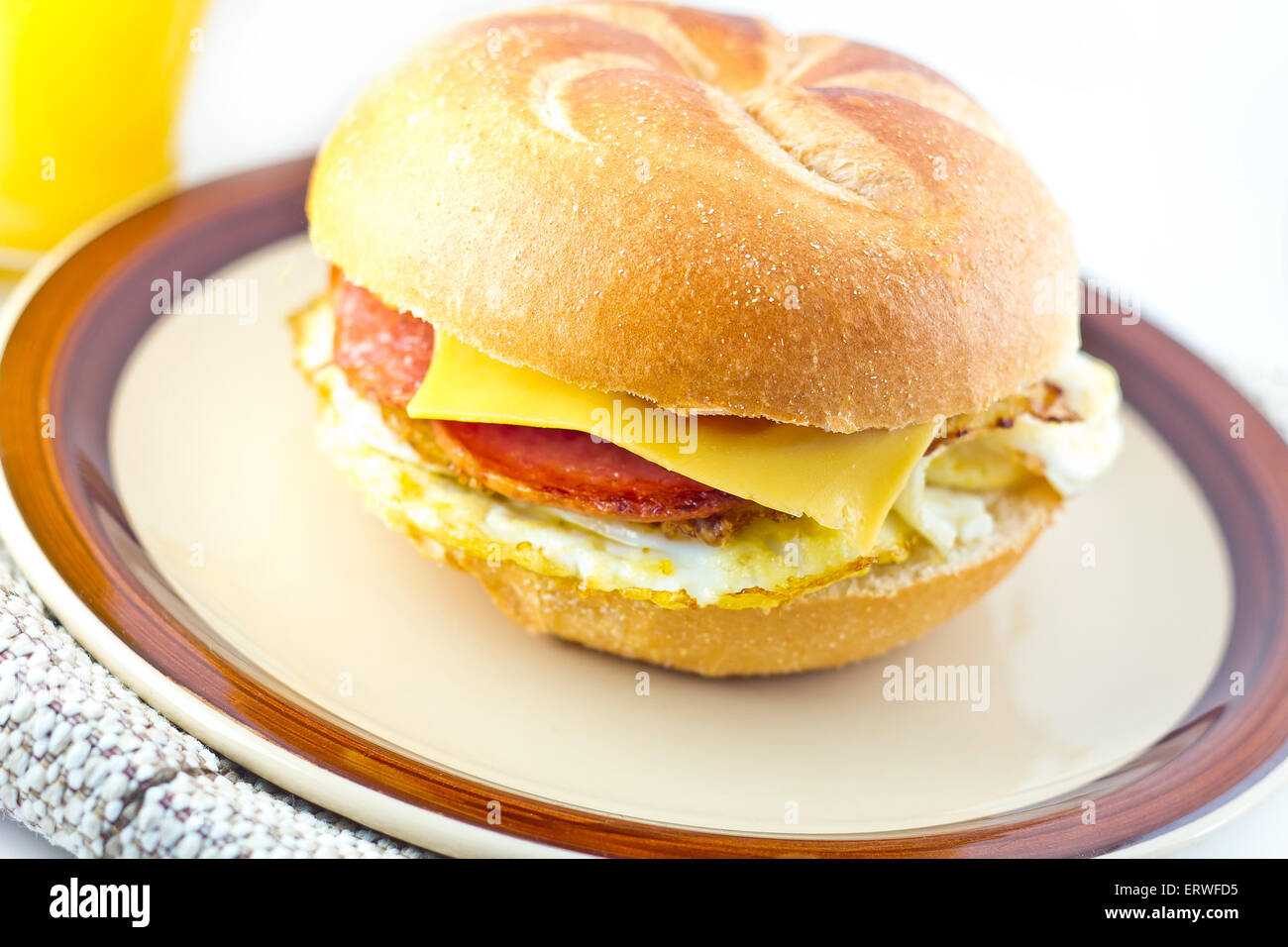 Taylor ham, pork roll, egg and cheese breakfast sandwich on a kaiser ...