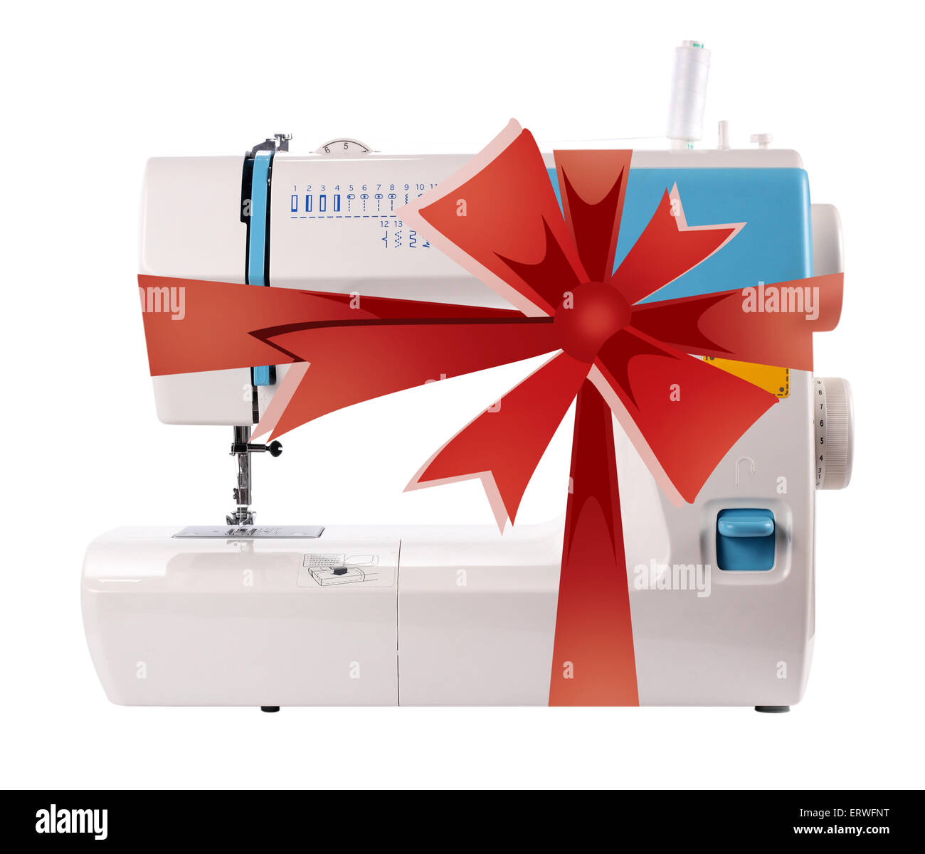 Sewing machine with a gift bow on a white background Stock Photo - Alamy