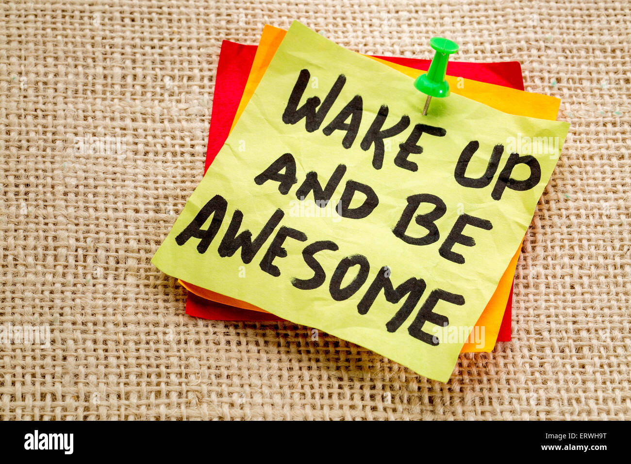wake up and be awesome - motivational advice on a sticky note Stock ...