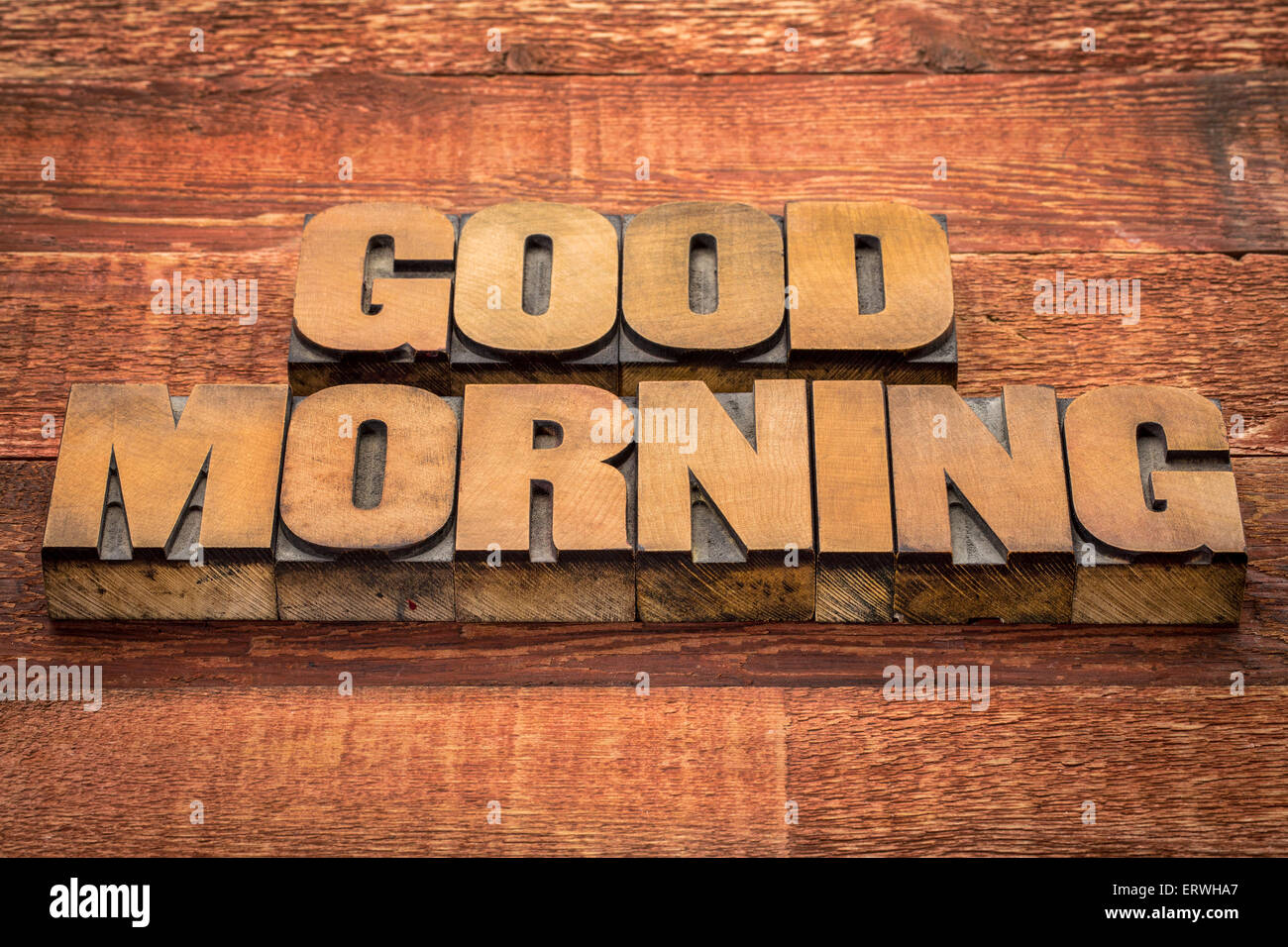 good morning typography - text in vintage letterpress wood type against ...