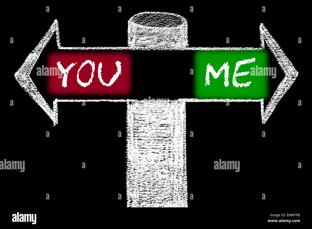 Opposite arrows with You versus Me. Hand drawing with chalk on ...