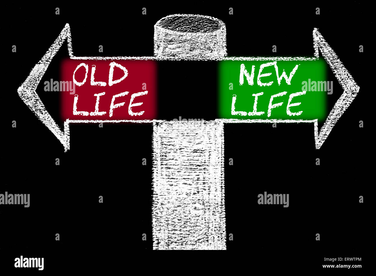 Opposite arrows with Old Life versus New Life. Hand drawing with chalk ...