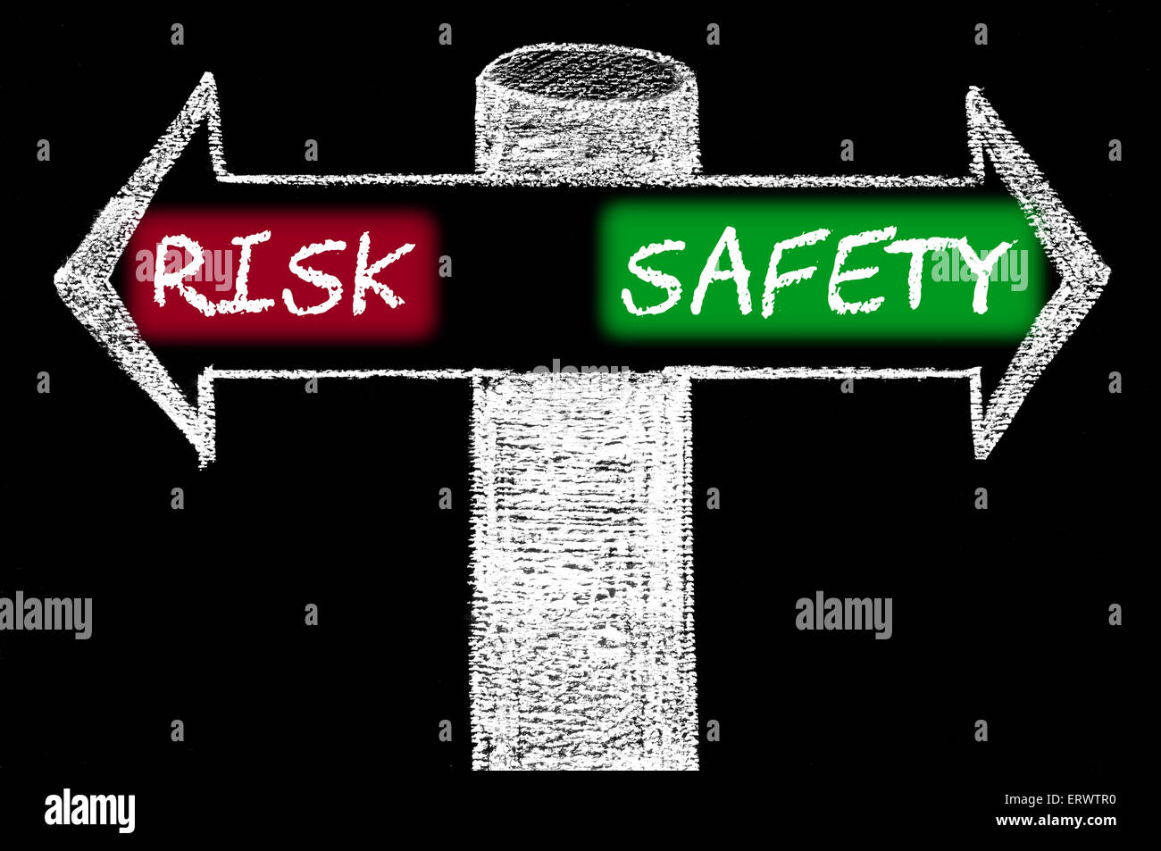 Opposite arrows with Risk versus Safety. Hand drawing with chalk on ...