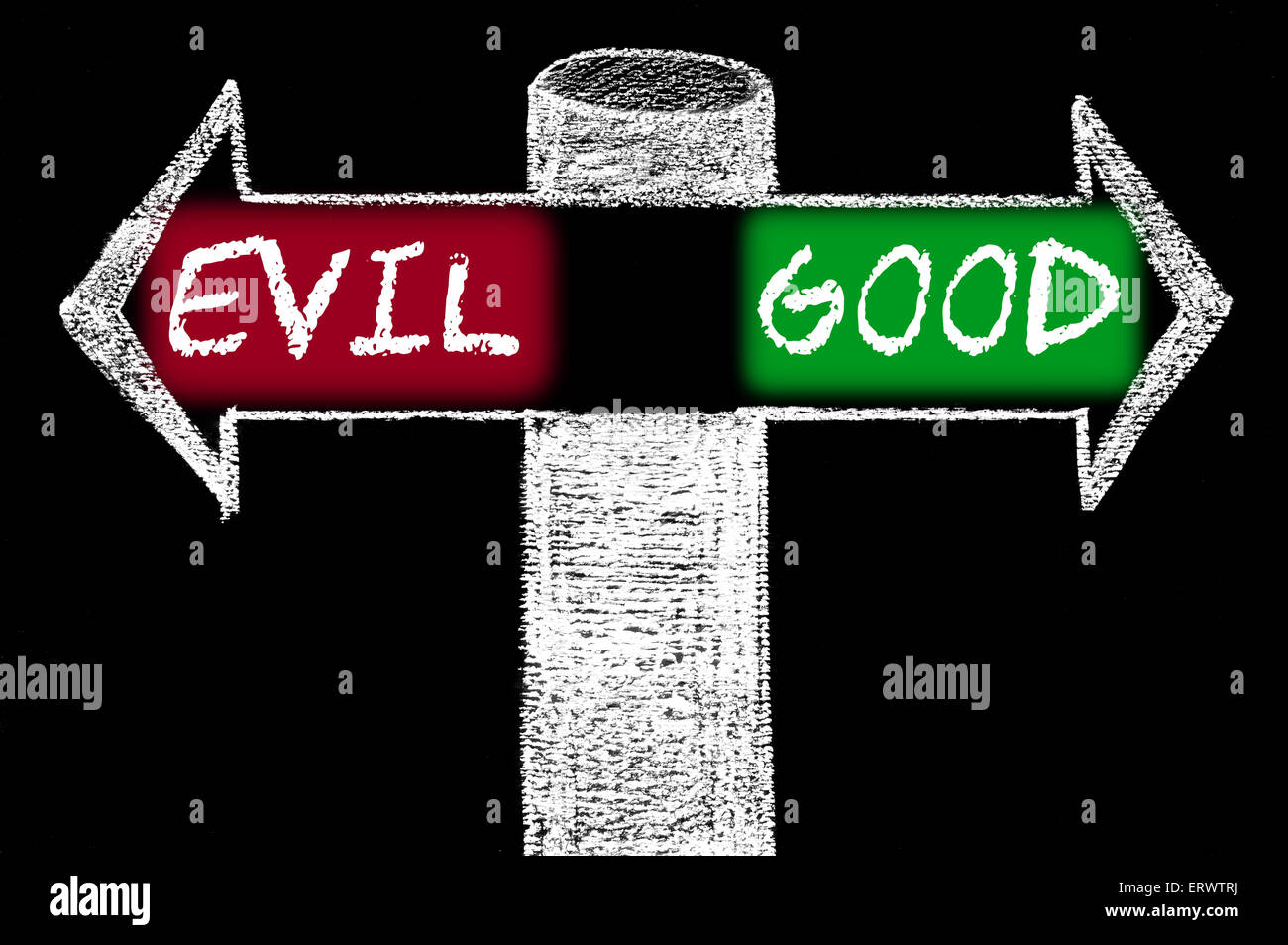 Opposite arrows with Evil versus Good. Hand drawing with chalk on ...