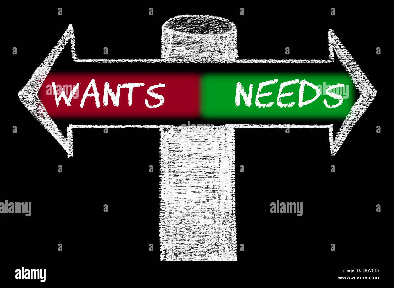 Opposite arrows with Wants versus Needs. Hand drawing with chalk on ...