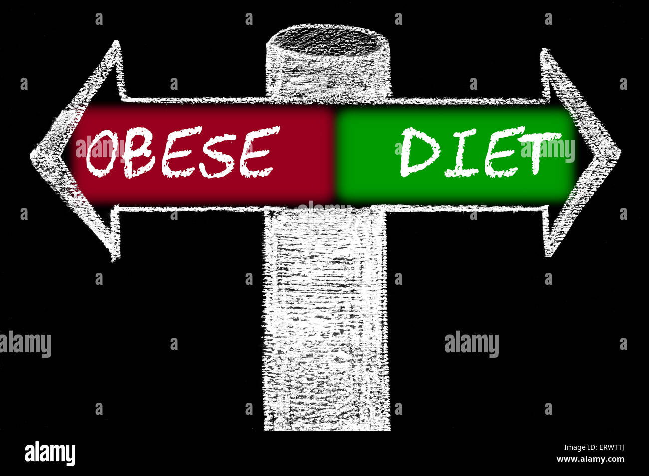 Opposite arrows with Obese versus Diet. Hand drawing with chalk on ...
