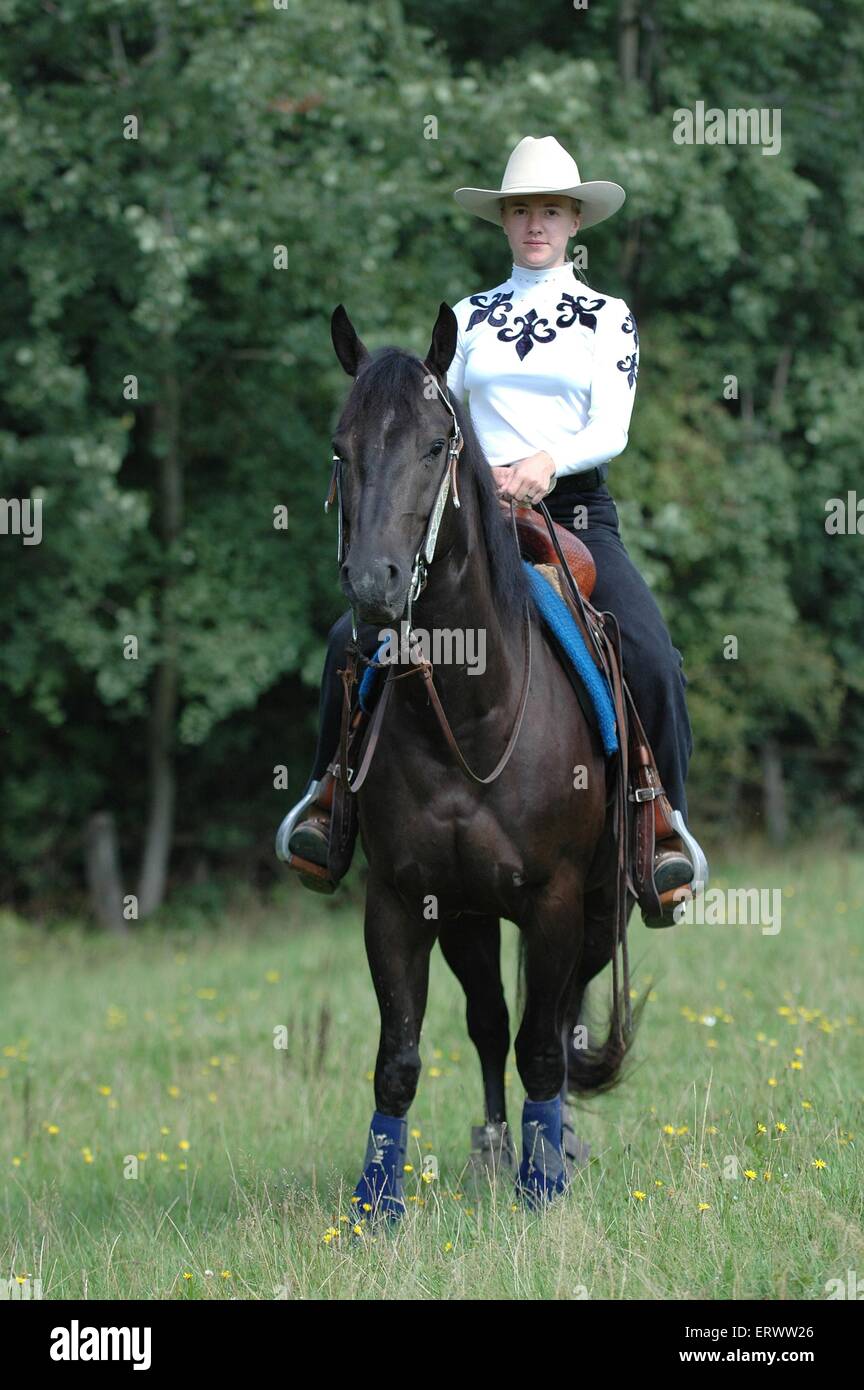 woman rides Quarter Horse Stock Photo - Alamy