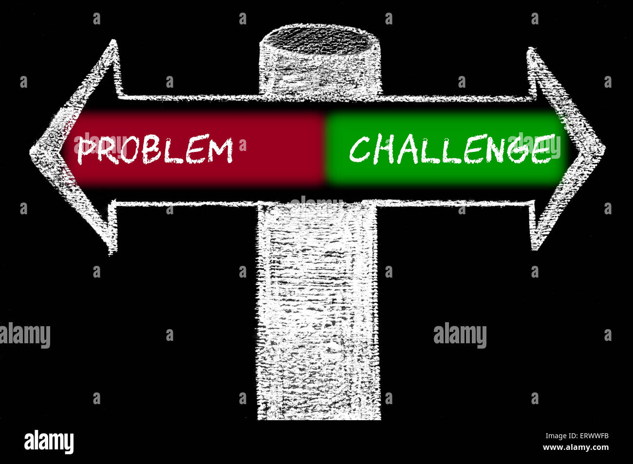 Opposite arrows with Problem versus Challenge. Hand drawing with chalk ...