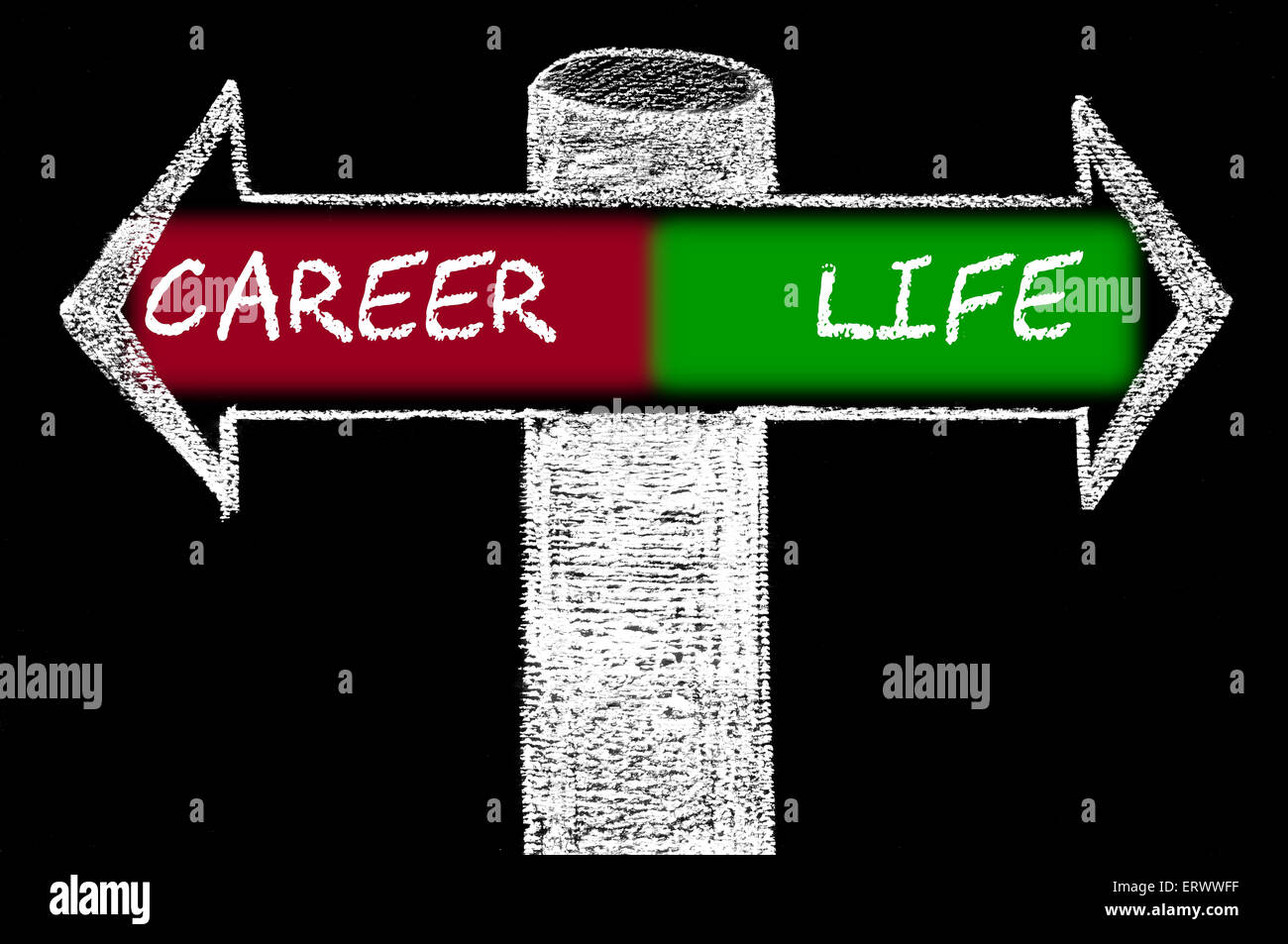 Opposite arrows with Career versus Life. Hand drawing with chalk on ...