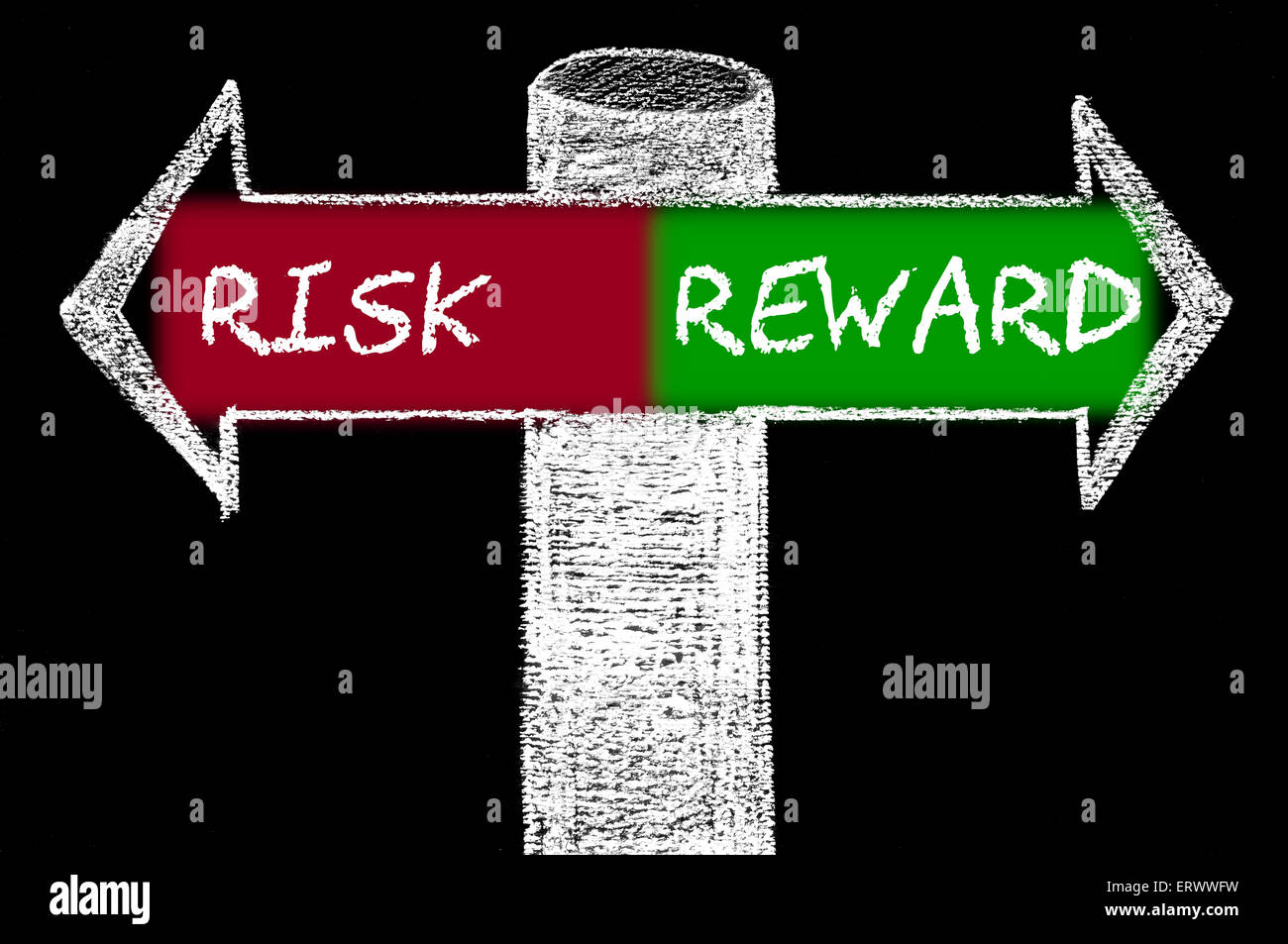 Opposite arrows with Risk versus Reward. Hand drawing with chalk on ...